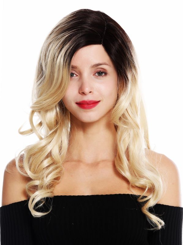 Perücke Teil-Monofilament Scheitel lang Ombre Schwarz Blond gelockt VK ...